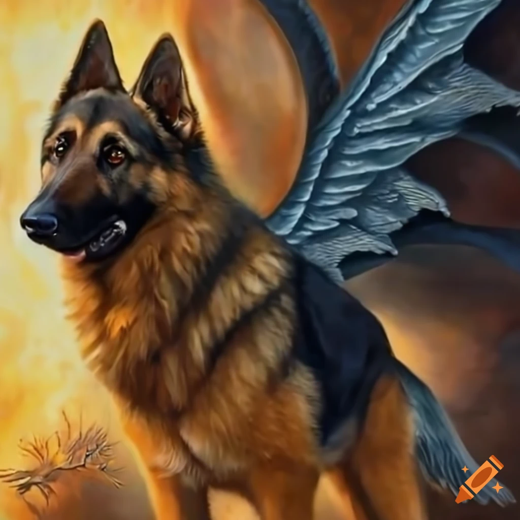 German shepherd dog with wings fighting a dragon on Craiyon