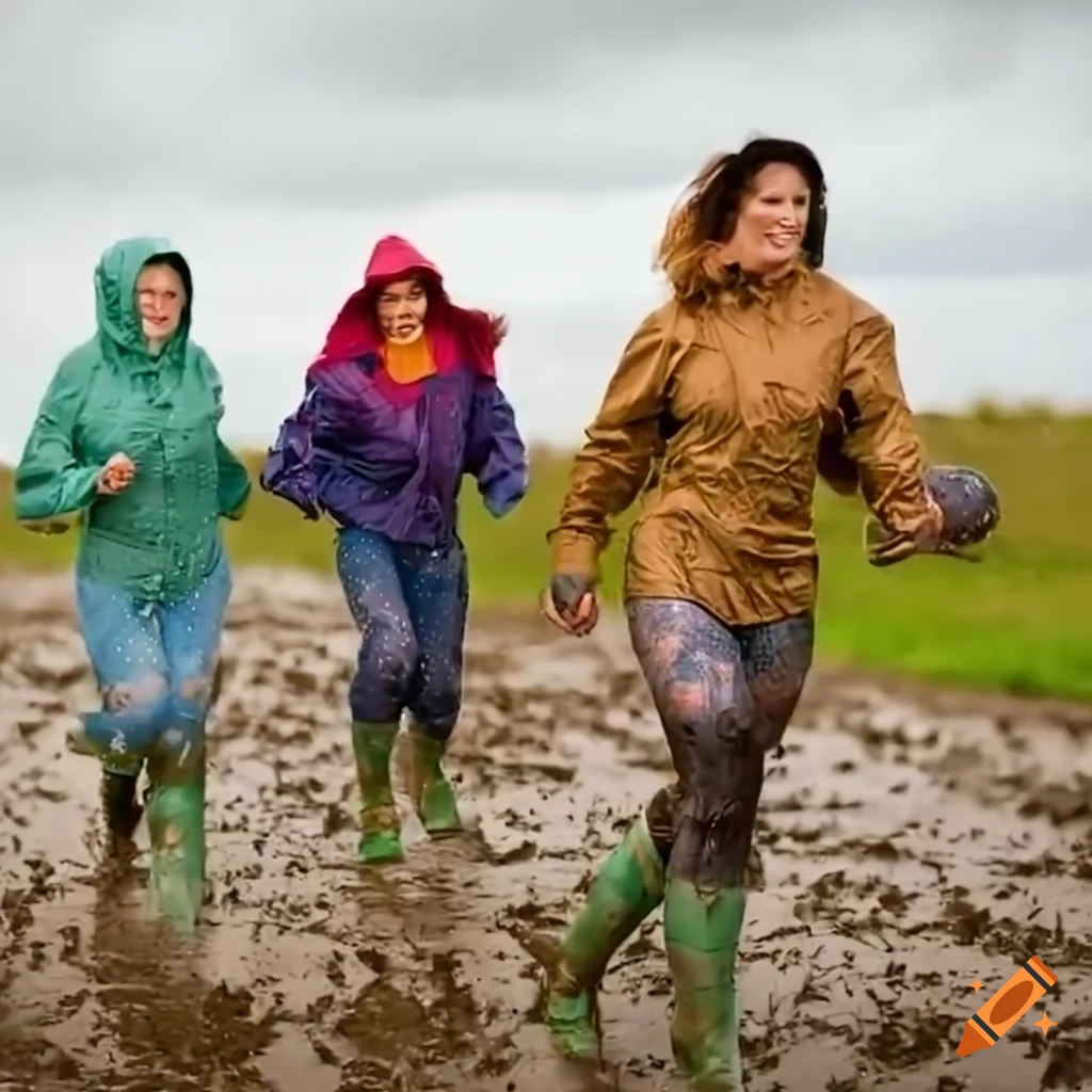 Women running in muddy field wearing rain jacket and wellies on Craiyon