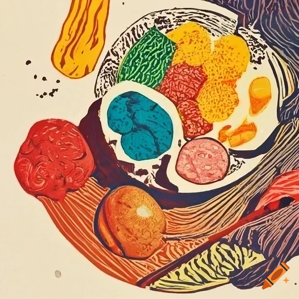 Vibrant linocut art of a meal