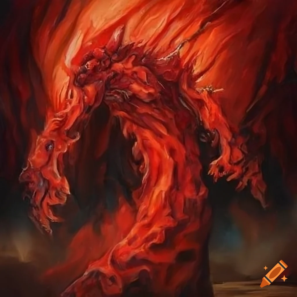 Oil painting of a bright red elemental on Craiyon