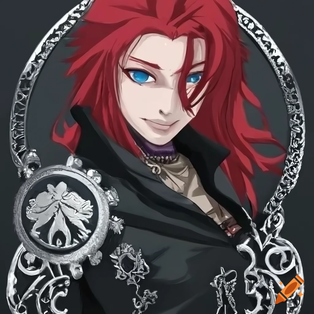 Manga-style female rogue with dark red hair and blue eyes