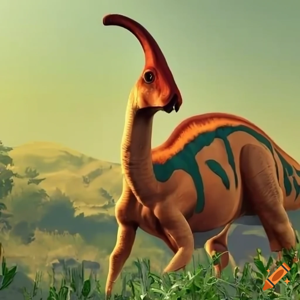 Gigantic orange parasaurolophus hidden in the wild on Craiyon