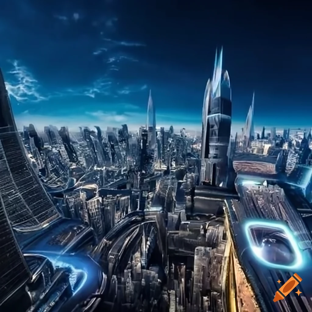 Futuristic city with flying vehicles