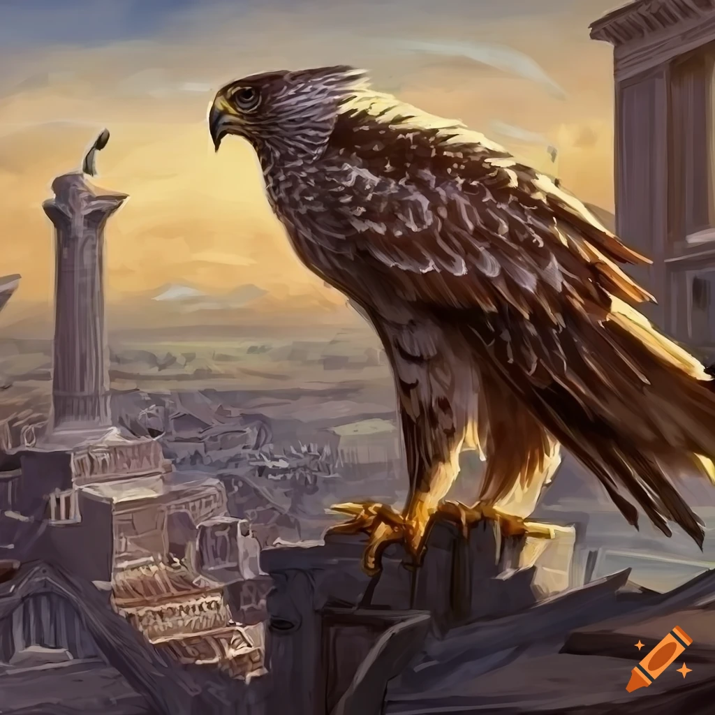 Fantasy art of a hawk in a greek city
