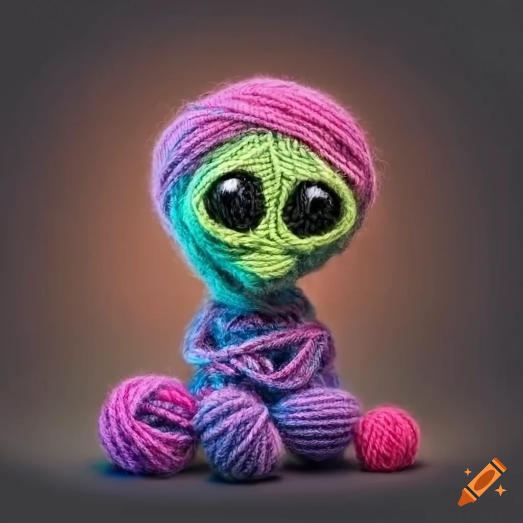 Cartoon alien knitting with a ball of wool