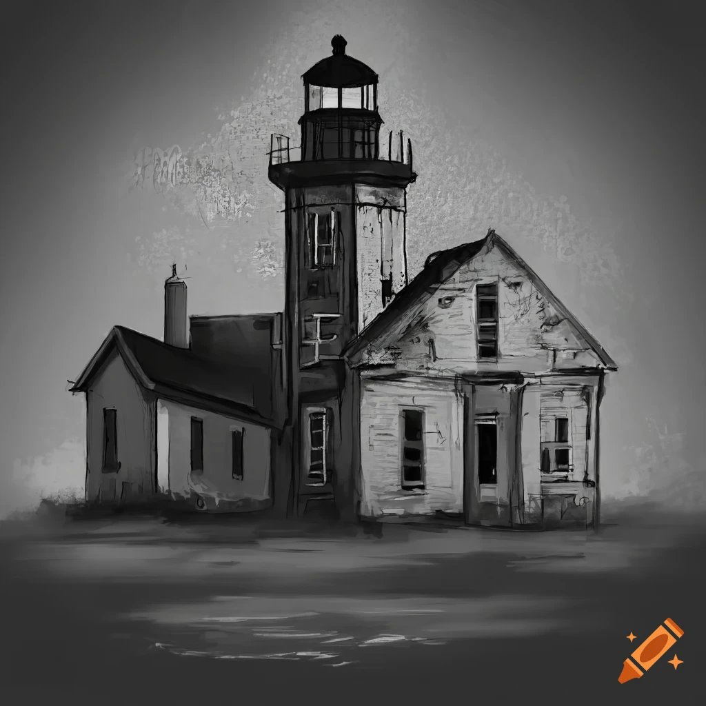 Black and white 2d art of an abandoned lighthouse