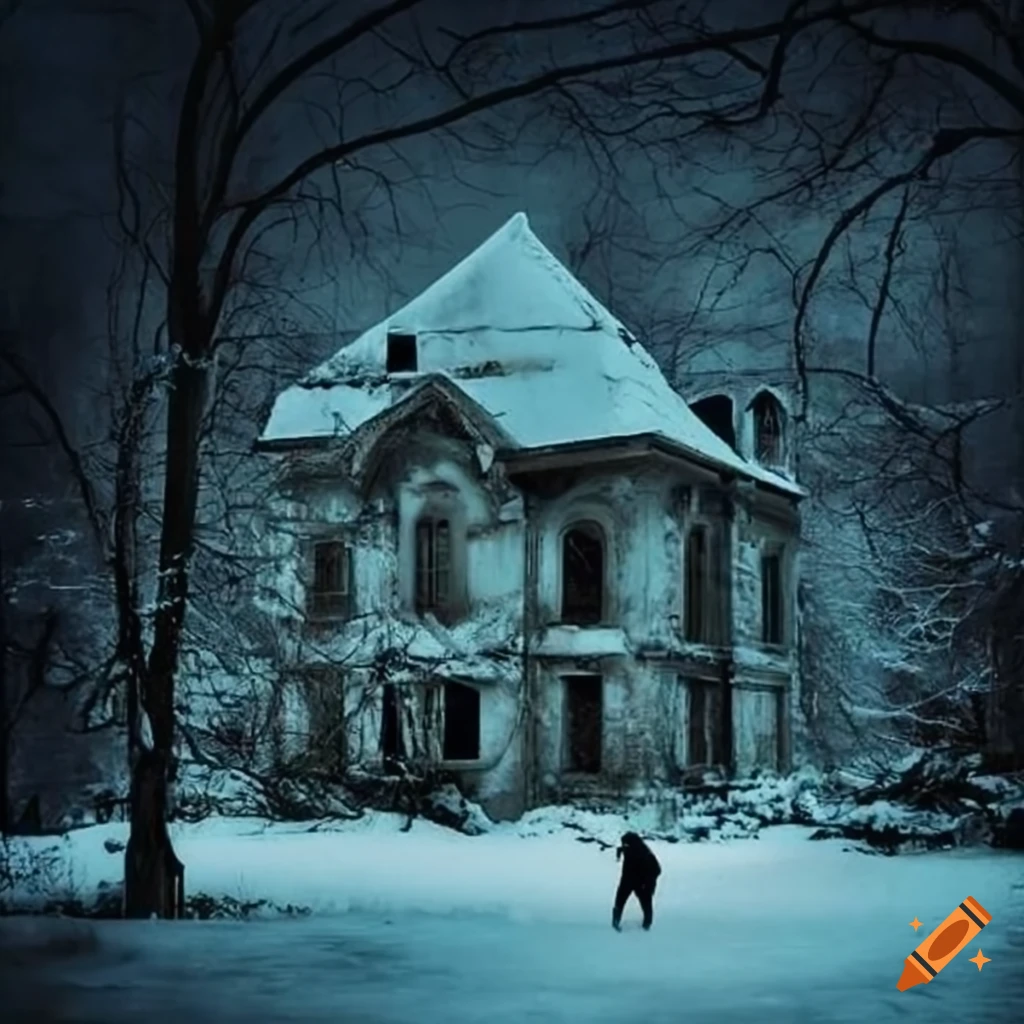 Creepy snowy villa with woman at window