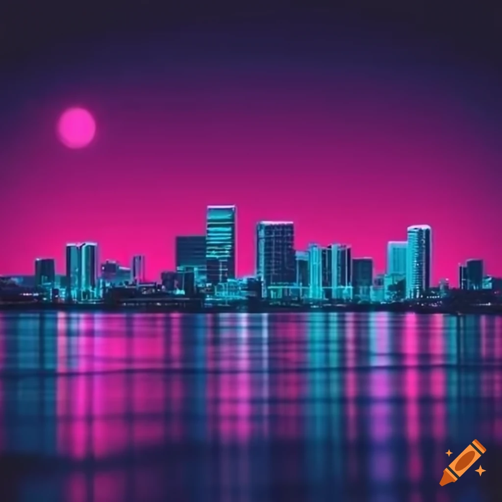 Miami cityscape in retro synthwave style on Craiyon
