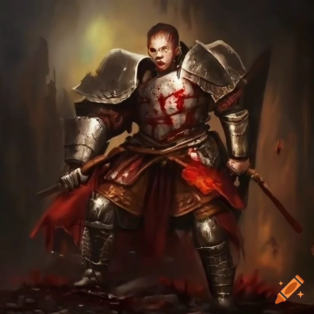 Oil painting of an injured armored warrior in the snow