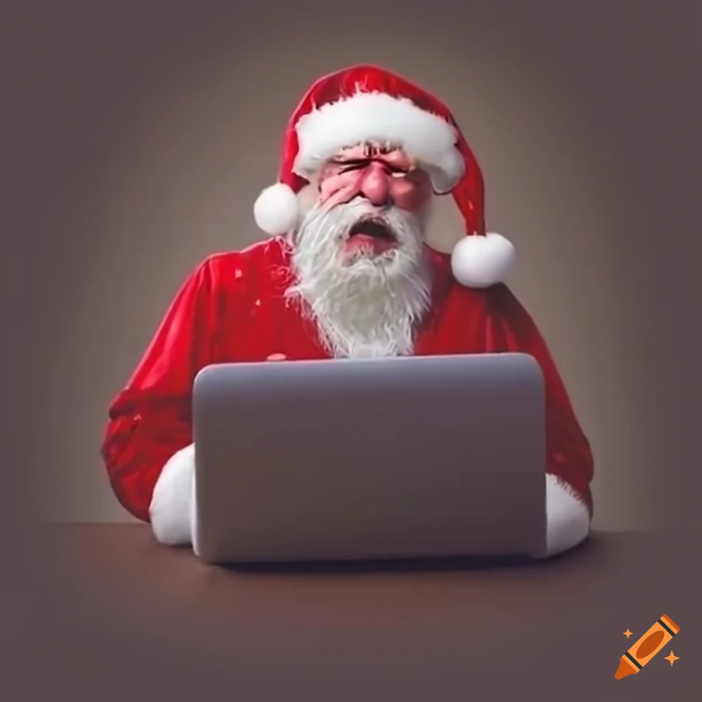 Santa claus crying in front of a laptop