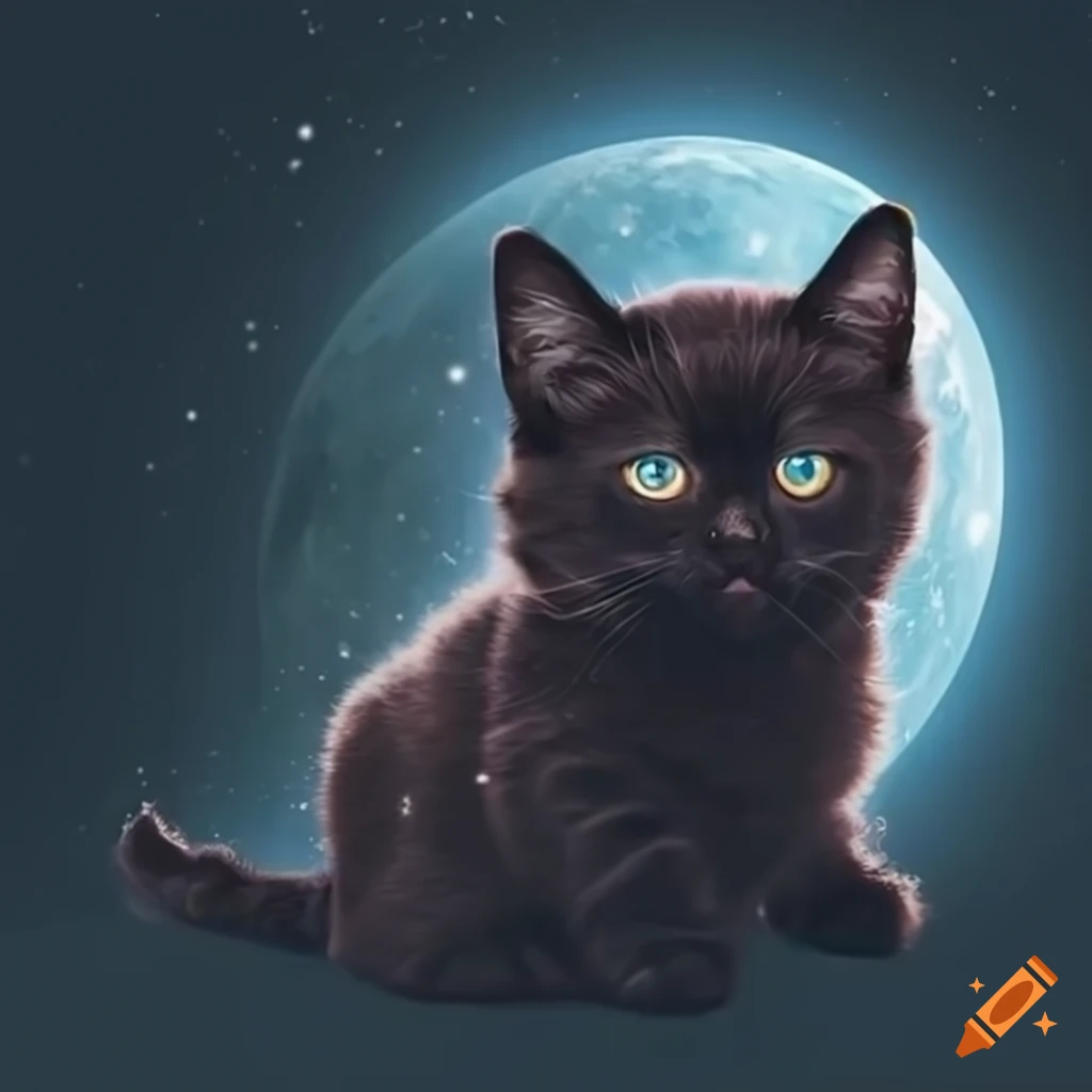 Black kitten with the moon in space