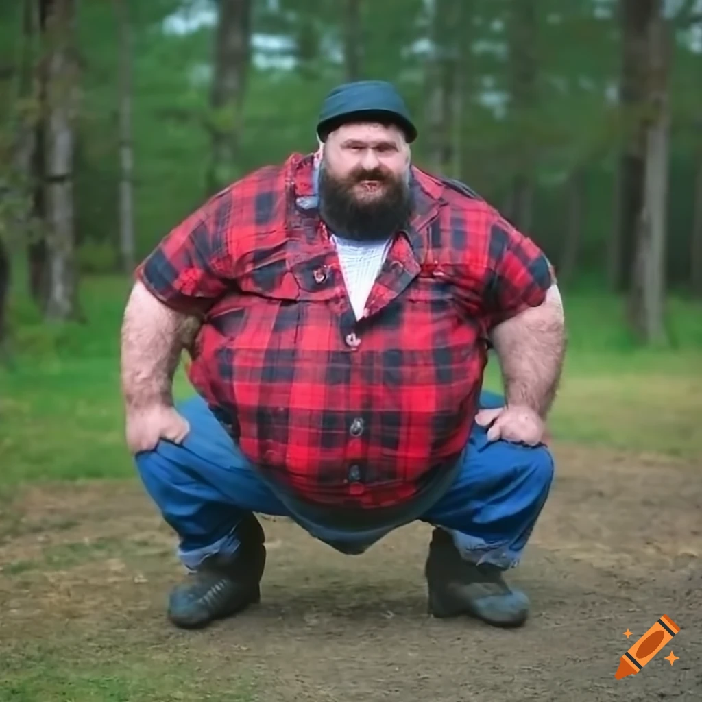Humorous photo of a heavily bearded lumberjack with a big belly