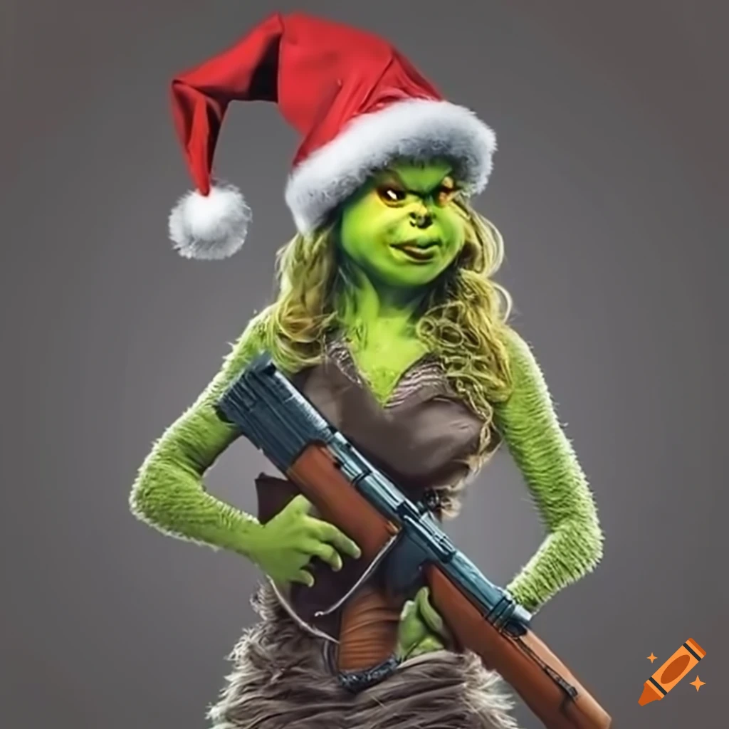 Elegant female grinch holding rifle with santa hat