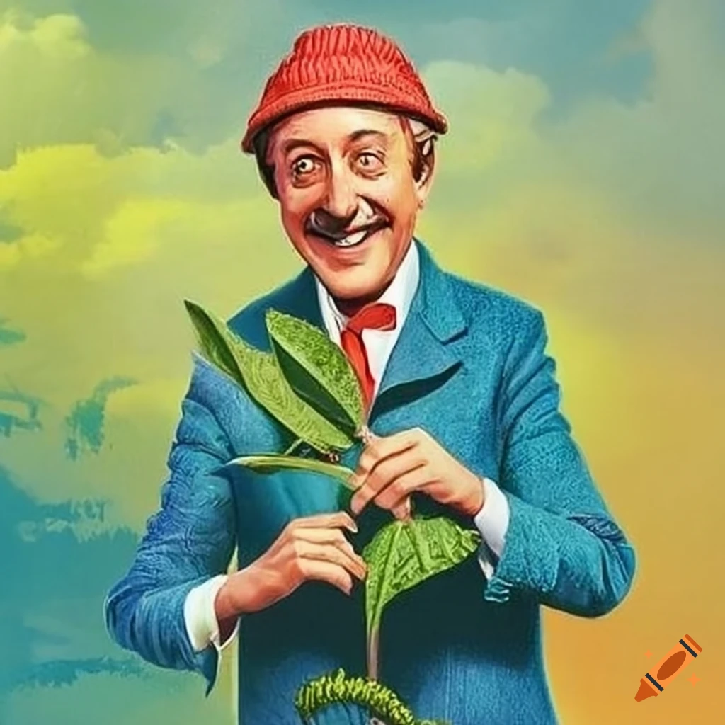 Colorful humorous book illustration of peter sellers in 'being there'