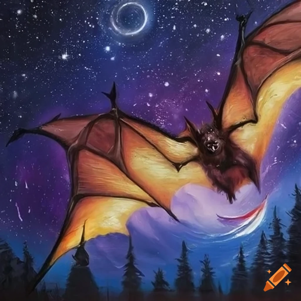 Oil painting of a giant bat flying under a starry sky on Craiyon
