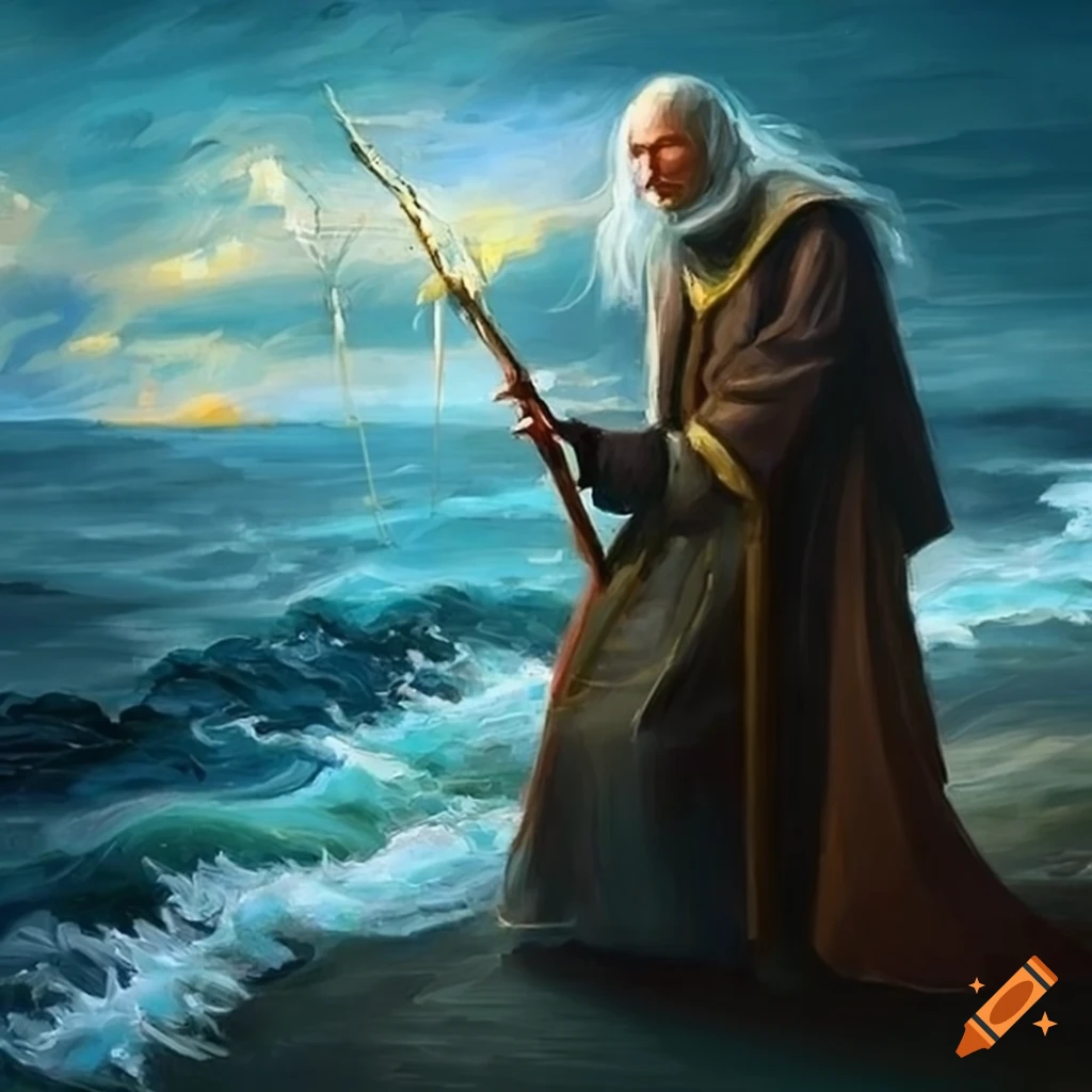 Oil painting of a priest standing amidst crashing waves