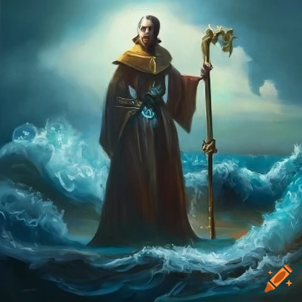 Oil painting of a priest surrounded by crashing waves on Craiyon