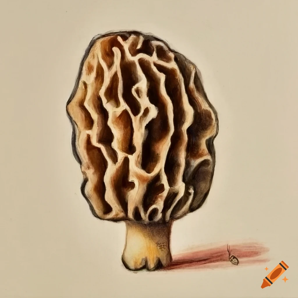 Colored pencil drawing of a morel mushroom