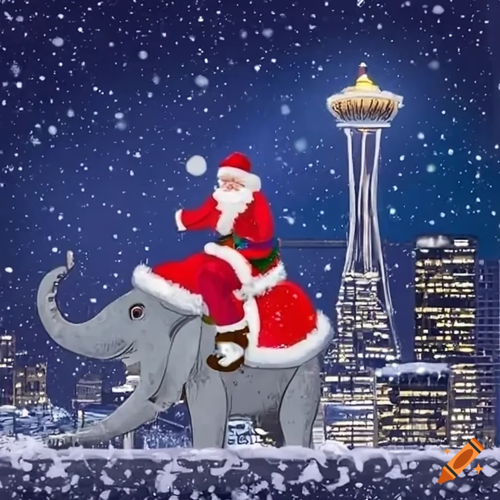 Santa riding a flying elephant over snowy seattle