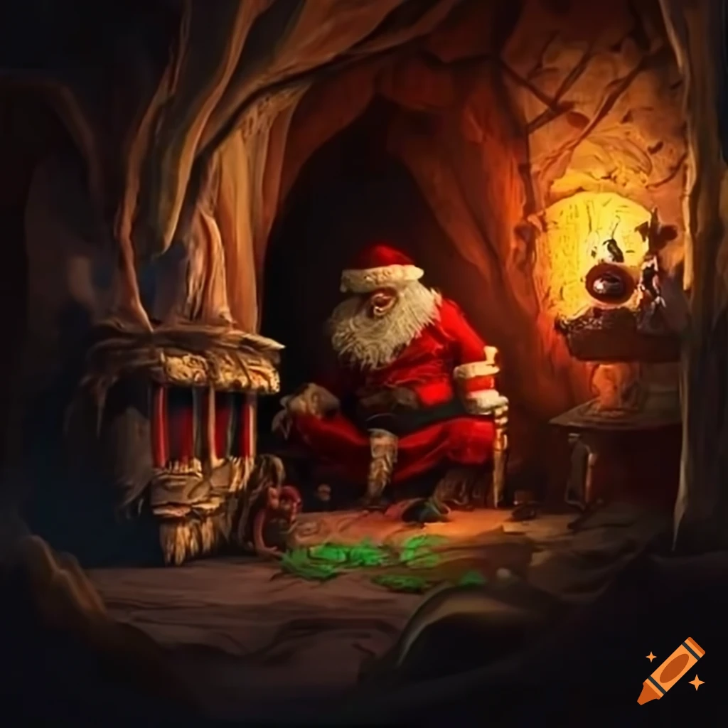 Sinister Santa's workshop in a cave on Craiyon