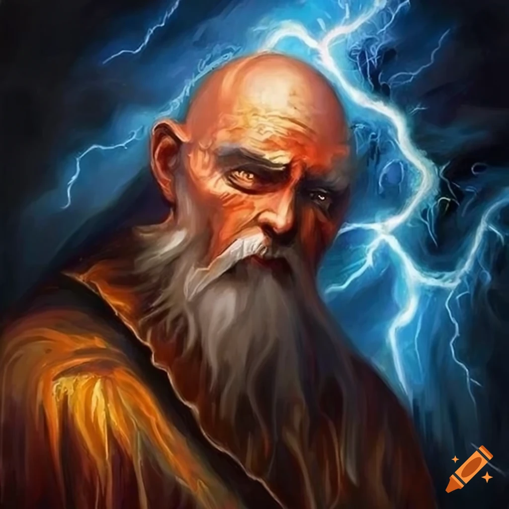 Oil painting of a bald wizard with lightning waves on Craiyon