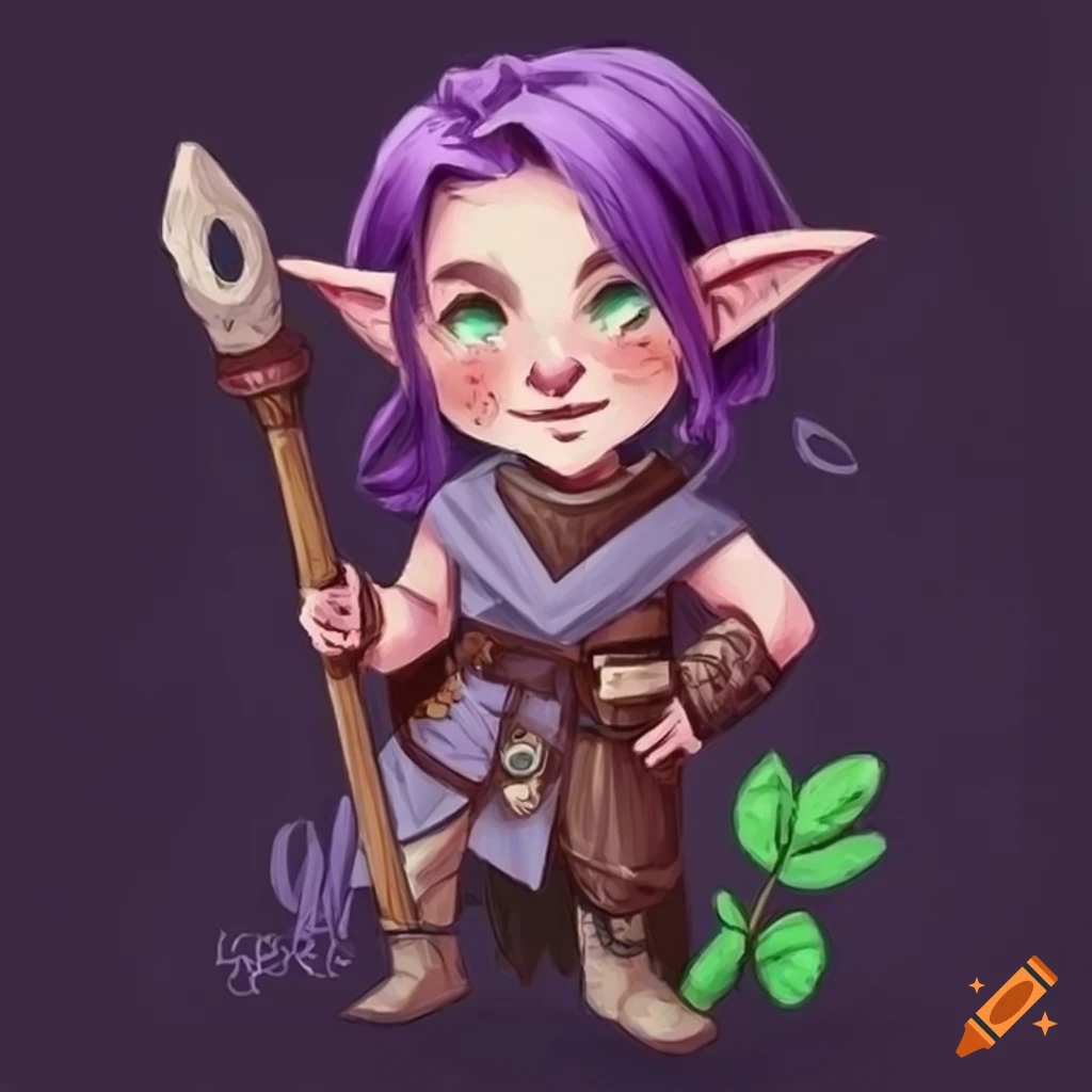 Purple Halfling Cleric character surrounded by plants on Craiyon