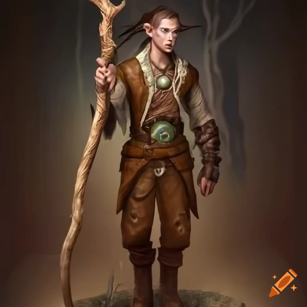 Illustration of a male forest elf with magical staff on Craiyon