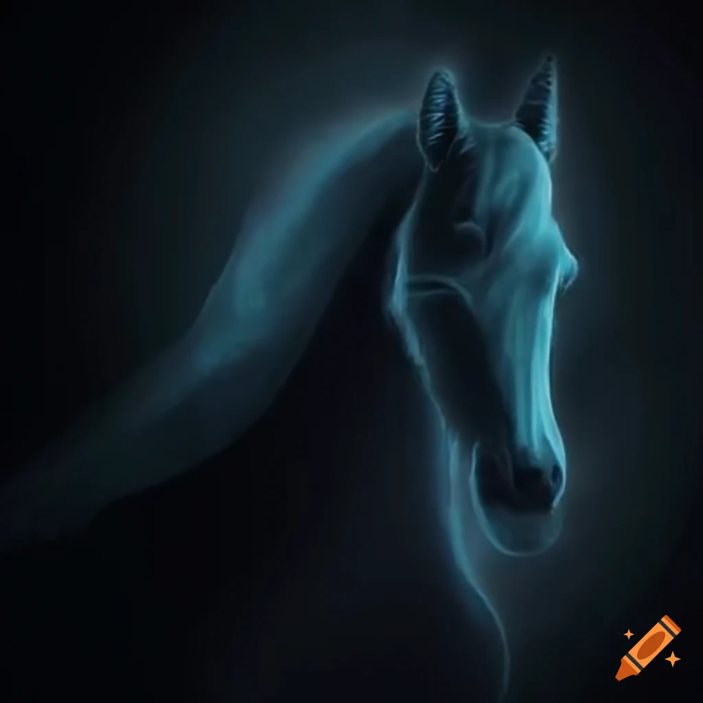 Artwork of a ghost horse in a haunted forest