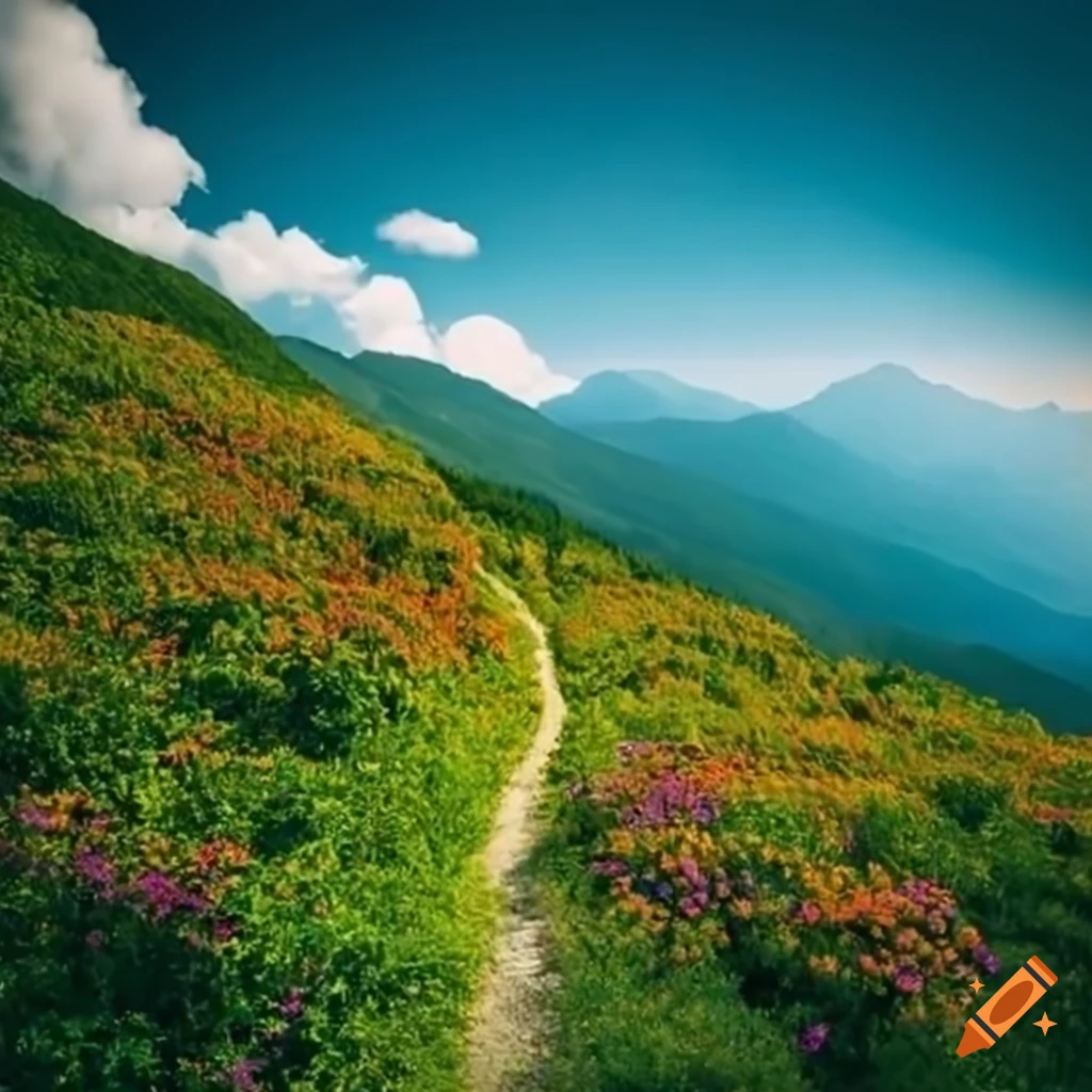 Path through a mountain covered in summer flowers