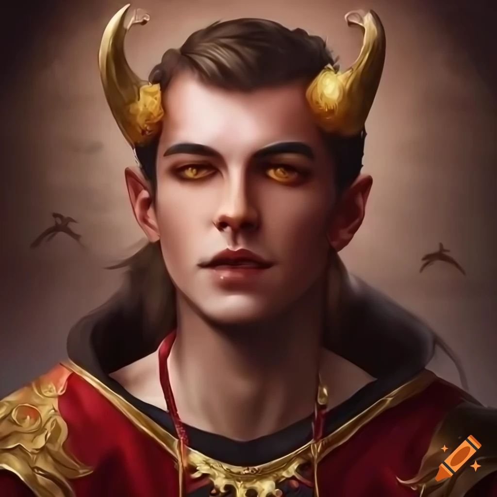 Detailed depiction of a kingly devil with horns and elegant robes on ...