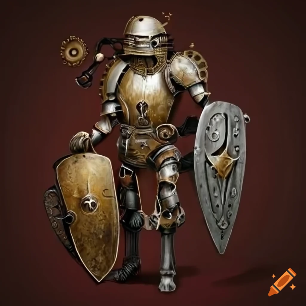 Steampunk robot knight with shield
