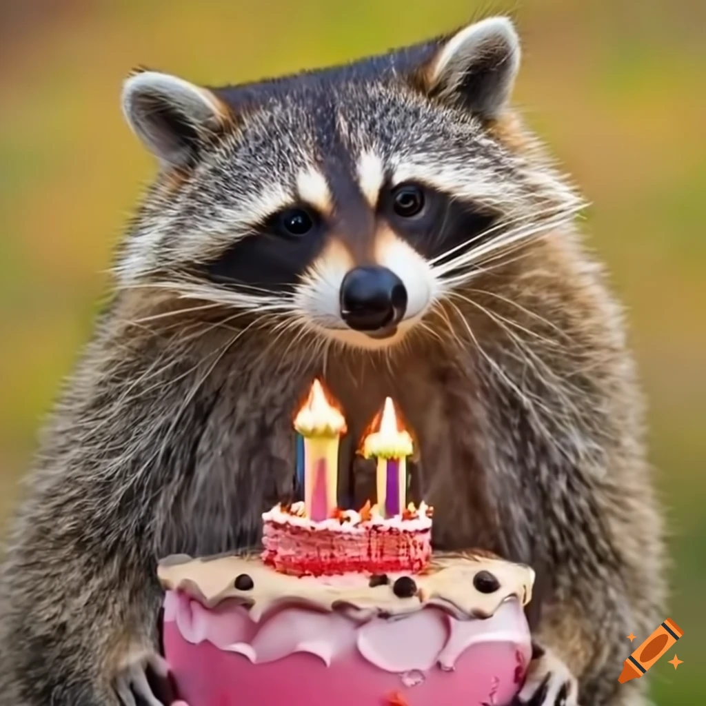 Racoon with birthday cake and balloons