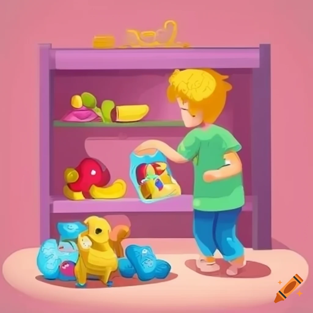 Cartoon illustration of a kid searching for a toy on Craiyon