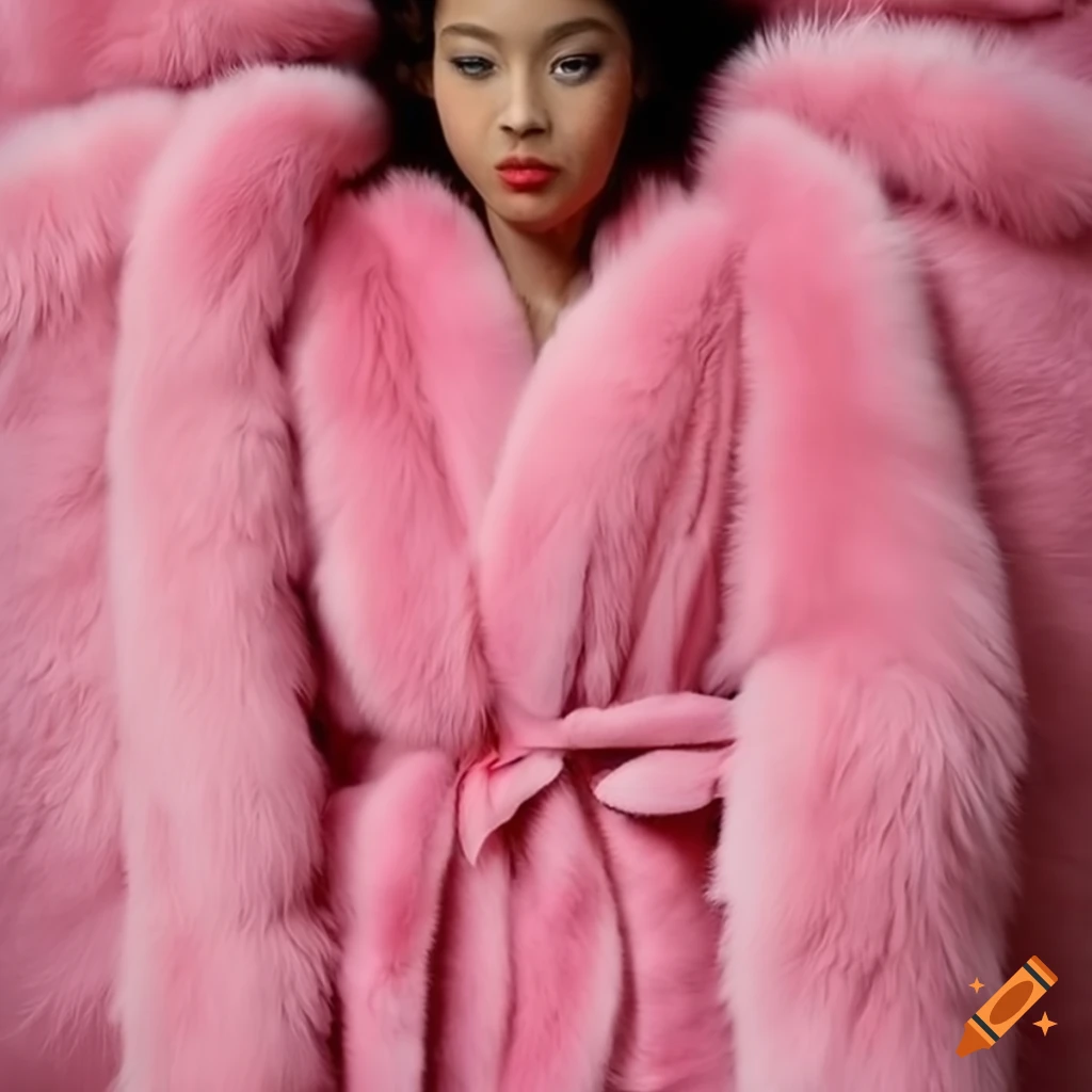 Young woman wearing a pink fur dressing gown on Craiyon