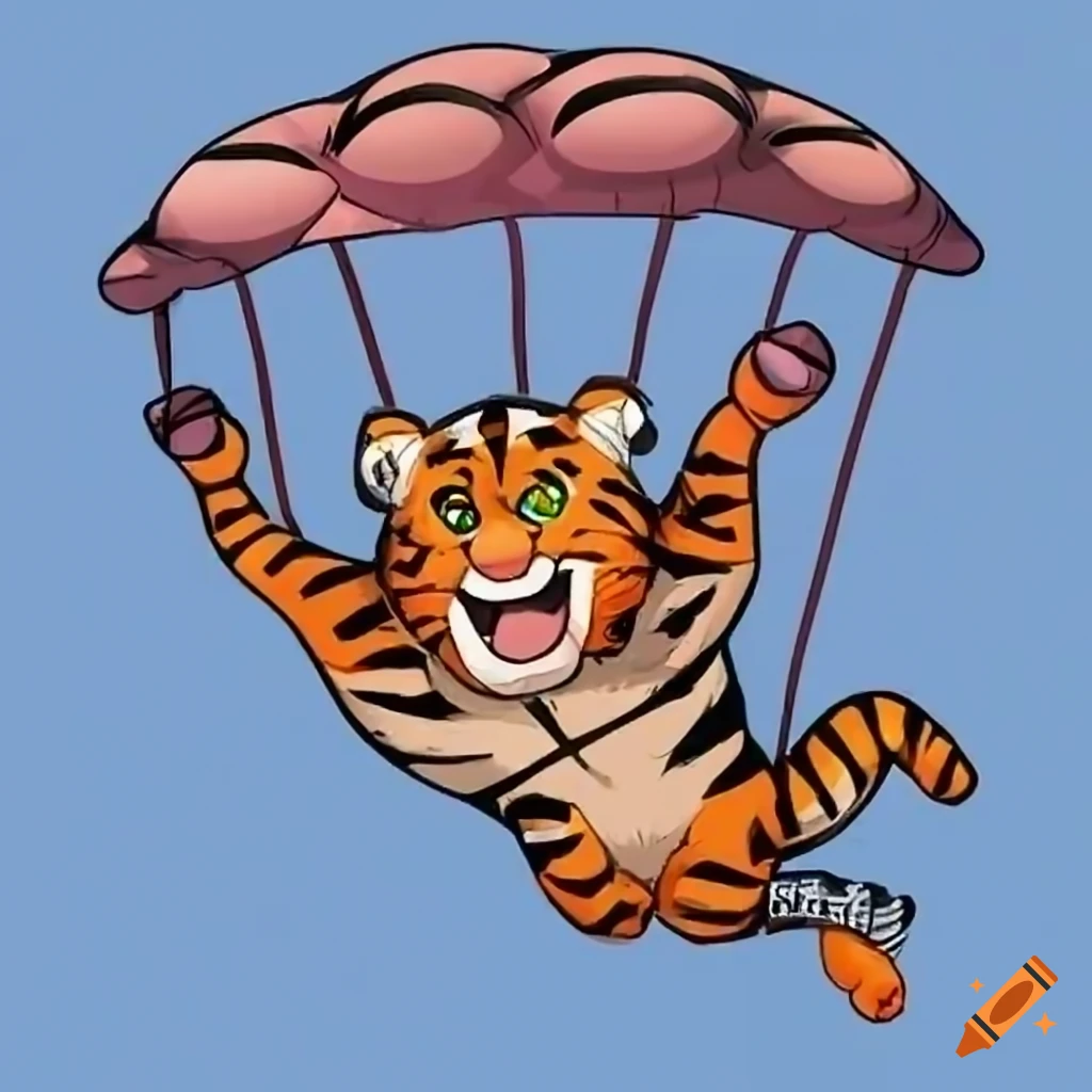 Cartoon tiger skydiving illustration on Craiyon