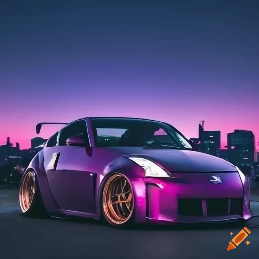 Violet Nissan 350z in front of Tokyo skyline at sunset with neon lights on Craiyon