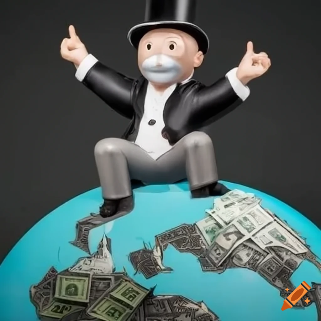 Image of a monopoly man sitting on earth with cash on Craiyon