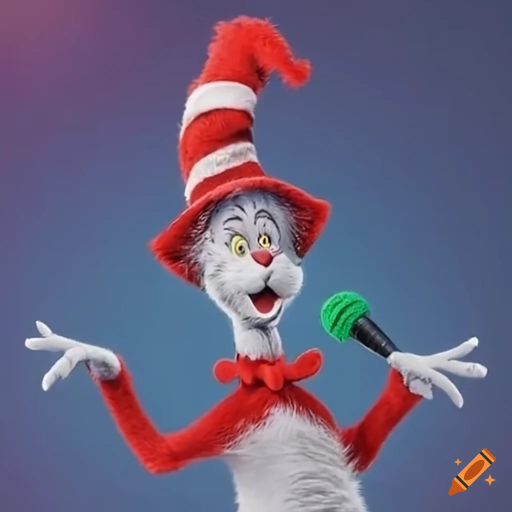 Dr seuss's cat in a hat singing on stage on Craiyon