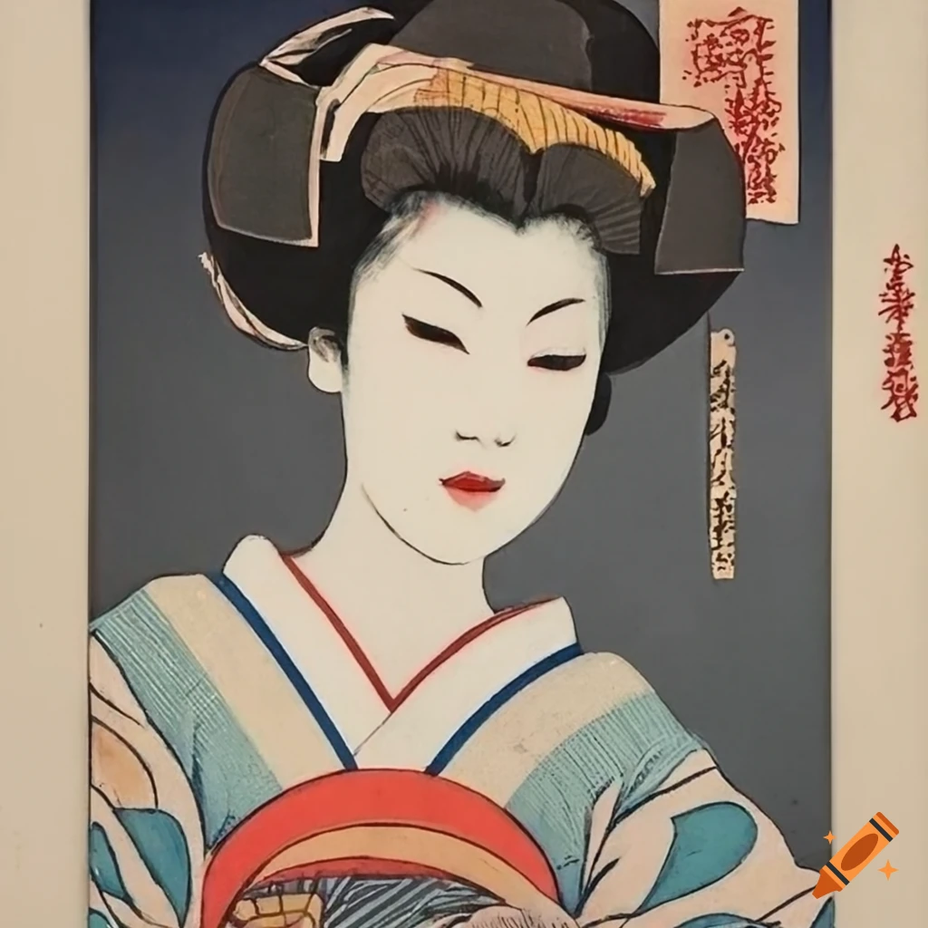 Japanese woodblock print of a geisha on Craiyon