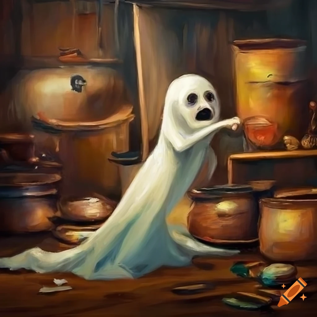 Oil painting of a ghost surrounded by flying objects