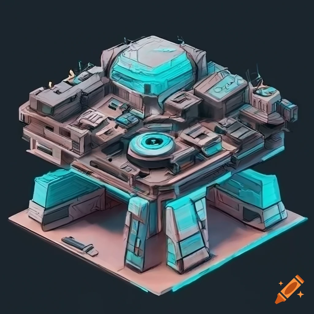 Modular isometric sci-fi concept art of a large-scale location