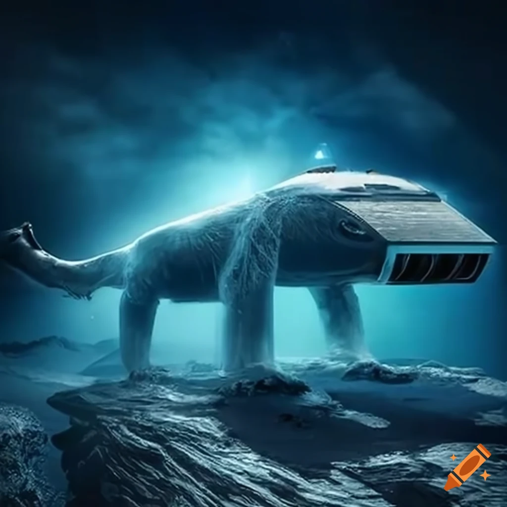 Image of a yeti building a spaceship with a whale nearby