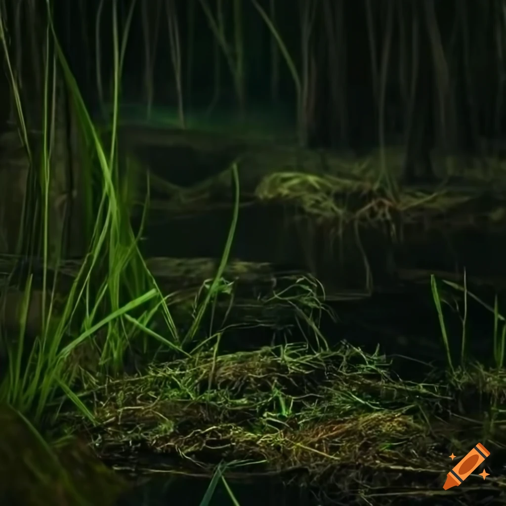 Dark swamp with grass