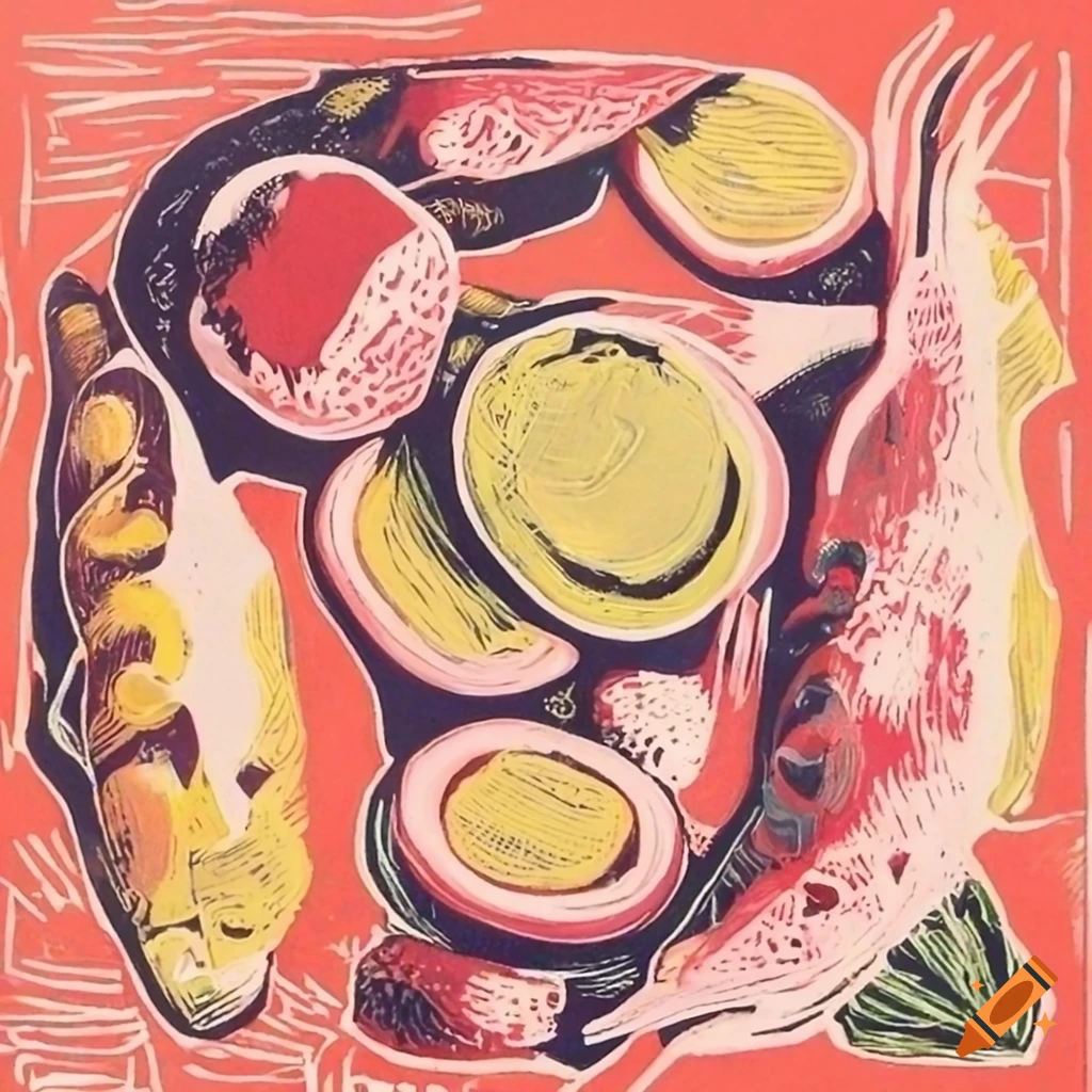 Vibrant linocut artwork of a meal