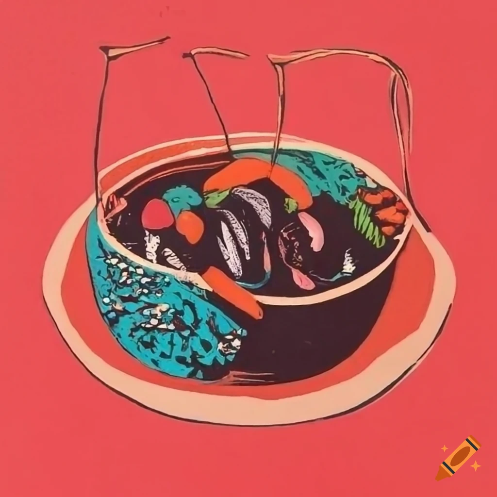 Vibrant linocut art of a meal