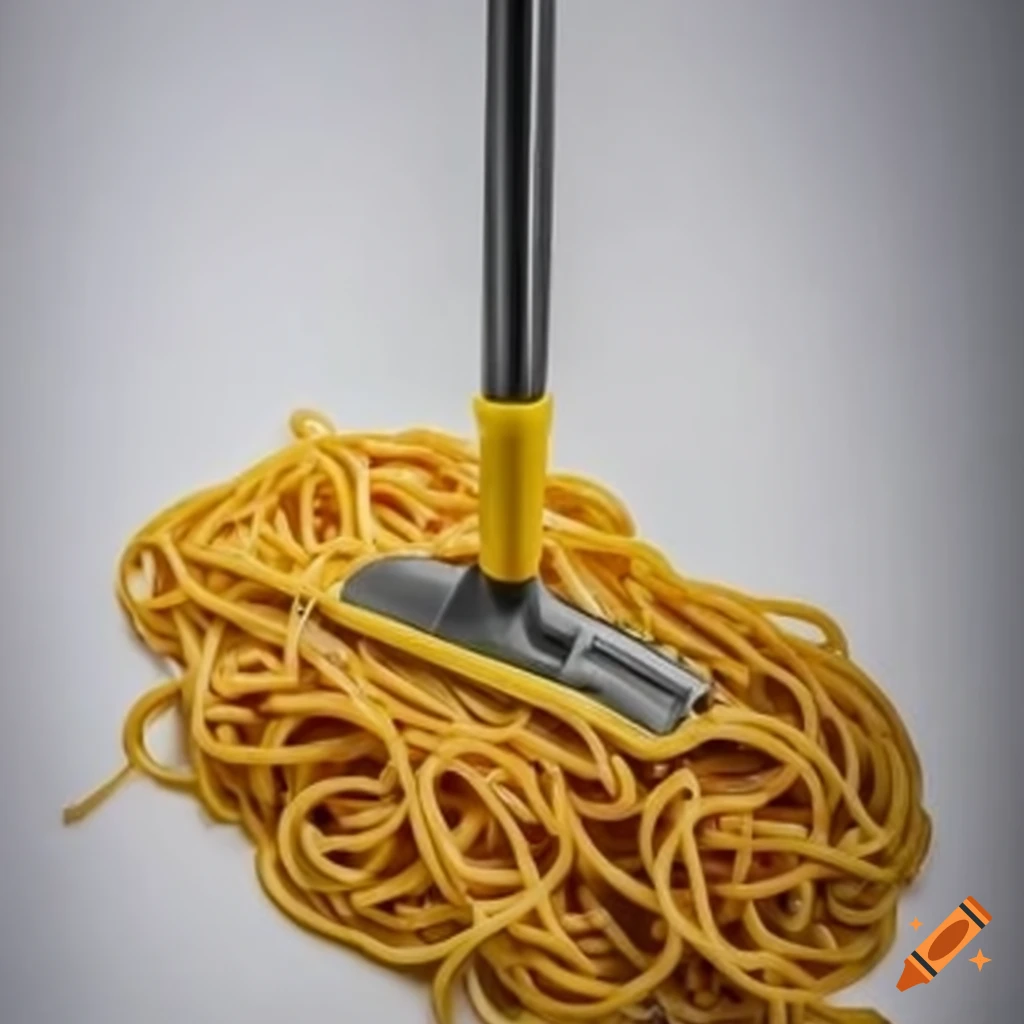 Quirky spaghetti mop on white background