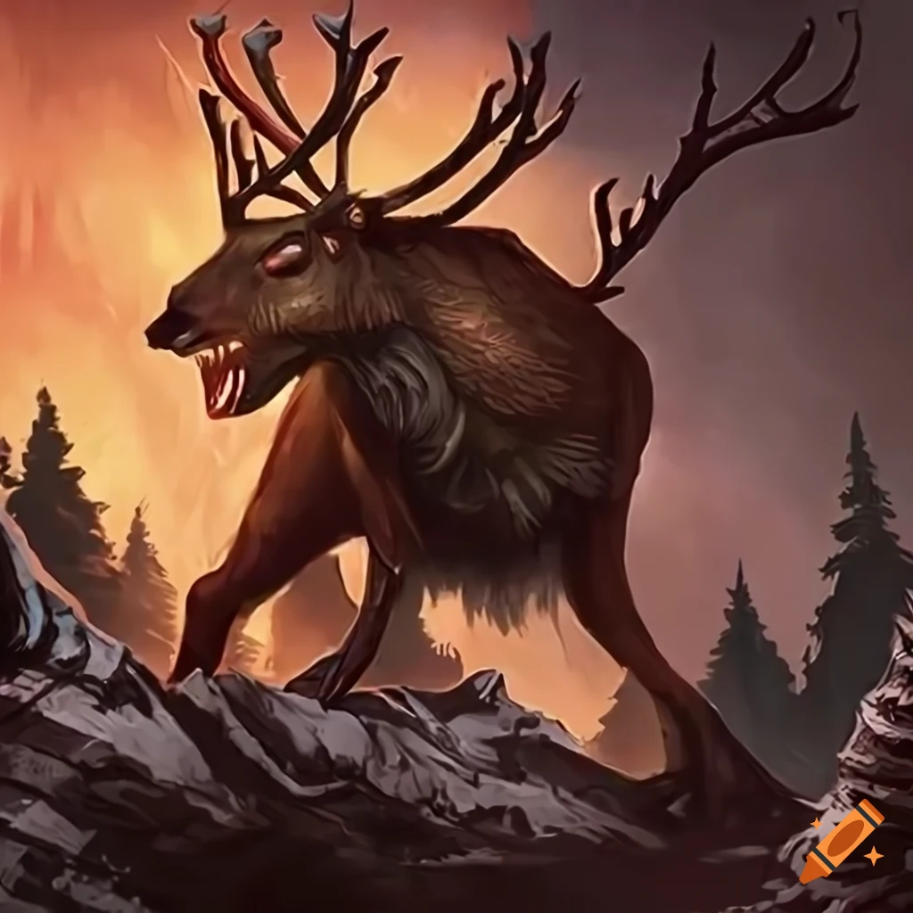 Magic the gathering style art of a charging reindeer