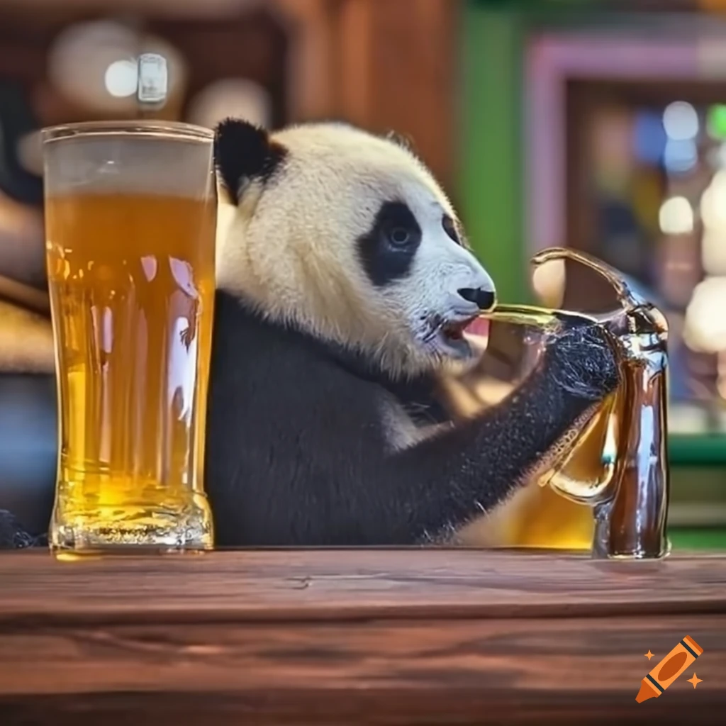 Pandas drinking beer in a pub on Craiyon
