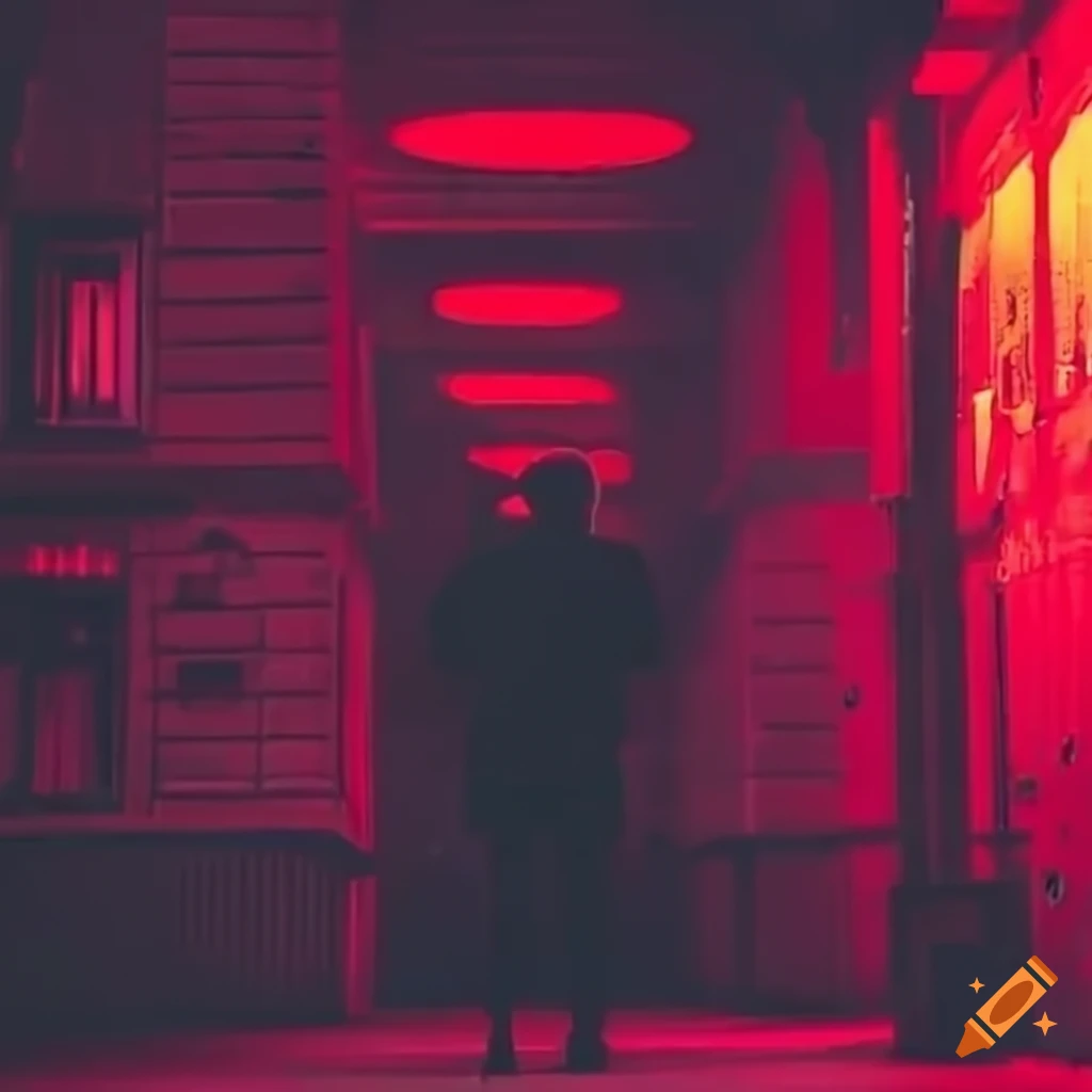 Young man standing near red neon lights at night