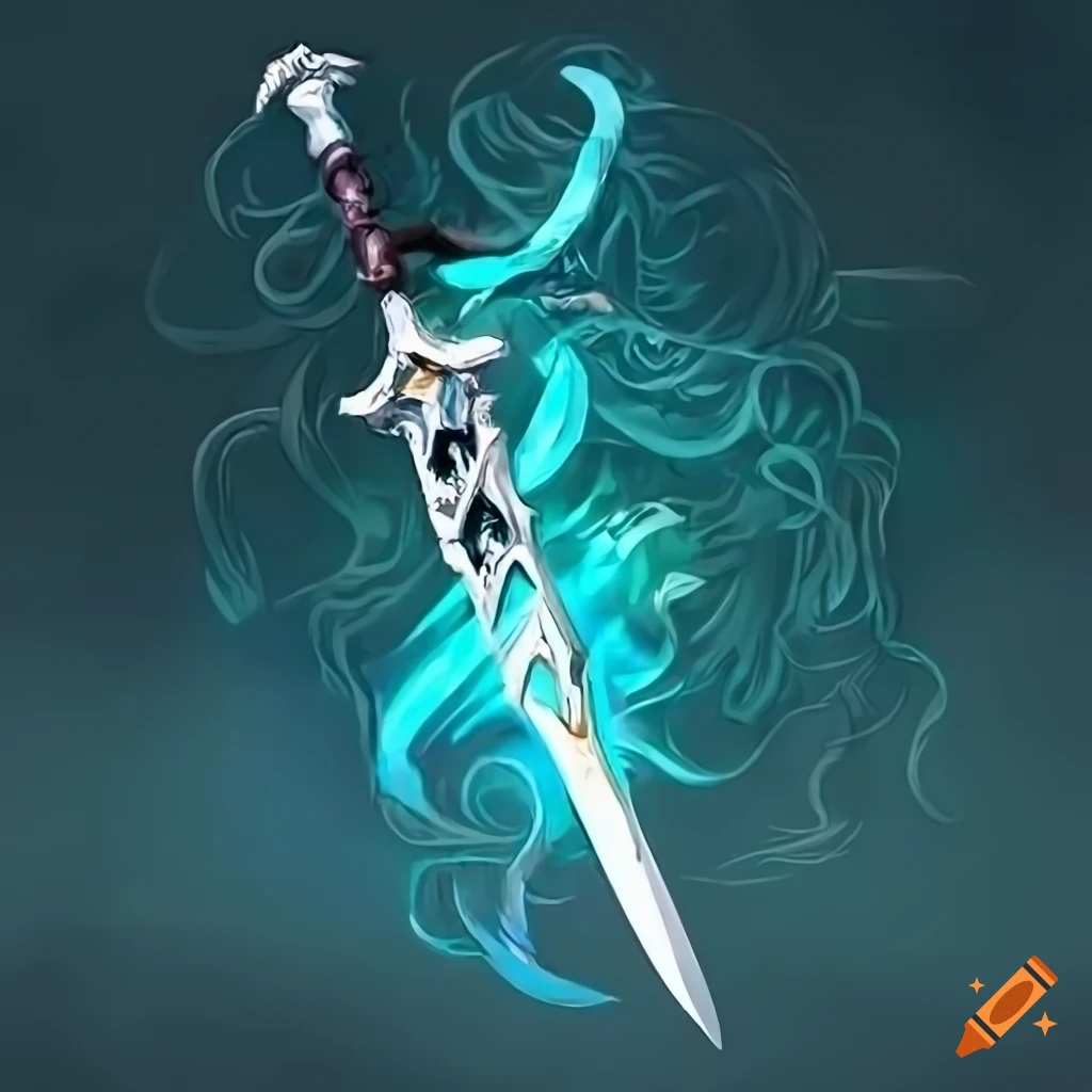 Two dual swords connected by chain in teal and silver